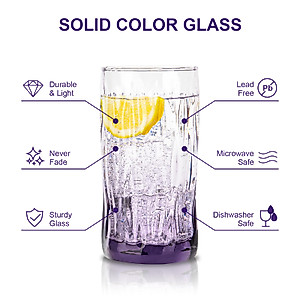 CREATIVELAND Solid Color Drinking Glasses Set of 6, 13.5 OZ Wind-blown Ripples Glass Tumbler Glassware for Water, Juice, Different Options for Home, Restaurant, Hotel, Bar,Purple