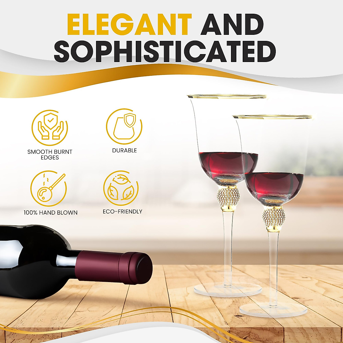 BERKWARE Premium Wine Glasses Set of 4 - Crystal Long Stem Wine Glass with Gold Rim & Rhinestone Design - 18 oz