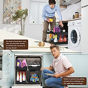 GAOLINE 2 Pack 2 Tier Under Sink Organizers and Storage with 8 Hooks, 4 Long Bulkheads, 4 Short Bulkheads & 2 Hanging Cups, Double Sliding Drawers Cabinet Basket Organizer, Up to 15 inches High, Black