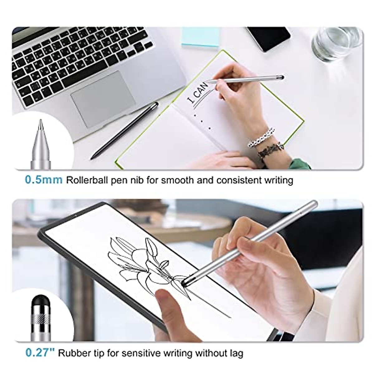 Stylus Pens for Touch Screens - Digiroot 2 in 1 Universal Stylus Rollerball Pen, Sensitive and Durable, Compatible with iPad/iPhone/Samsung/Tablet(2 Pack Stylist Pens)