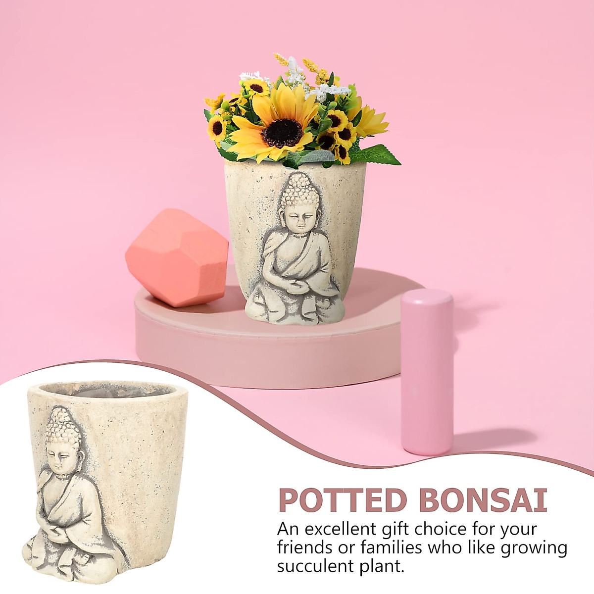 Zerodeko Buddha Head Planter Pot Cement Face Planter Zen Succulent Plant Pot Decorative Artificial Flower Vase Bonsai Holder for Indoor Outdoor Home Decoration Khaki