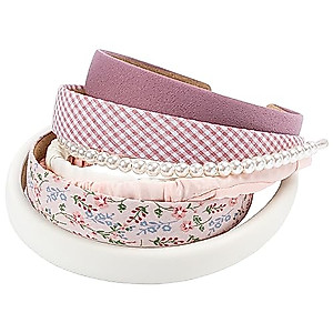 7pcs Fashion Headbands for Women, Wide Floral Headbands for Girls, Pearl Headband Non Slip Head Bands for Women's Hair Accessories (Pink)