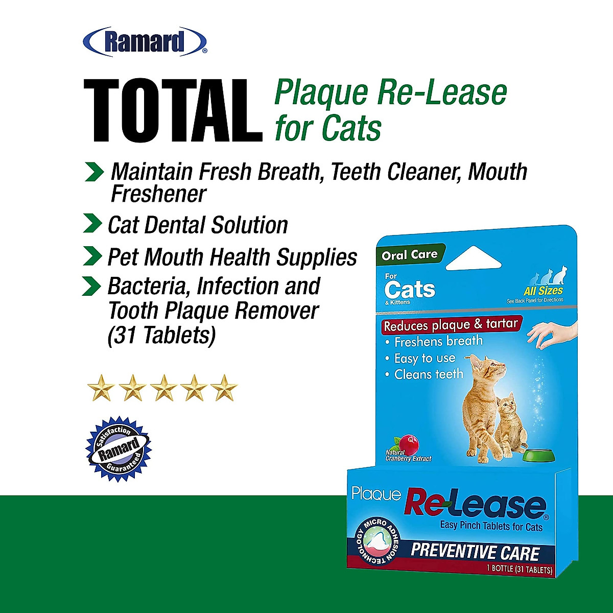 Ramard Plaque Re-Lease for Cats - Teeth Cleaner for Fresh Breath - Mouth Freshener Cat Dental Treat Solution - Pet Health Supplies - Infection & Tooth Plaque Remover