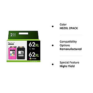 Valuetoner Remanufactured Ink Cartridge Replacement for HP 62XL 62 XL to use with Envy 5540 5640 5660 7644 7645 OfficeJet 5740 8040 OfficeJet 200 250 Series Printer (1 Black, 1 Tri-Color, 2-Pack)