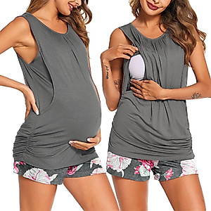 Ekouaer Nursing Pajamas for Women Breastfeeding Sleeveless Tank Top and Shorts Set Maternity Loungewear Summer Post-parturn Sleep Set Floral Grey XL