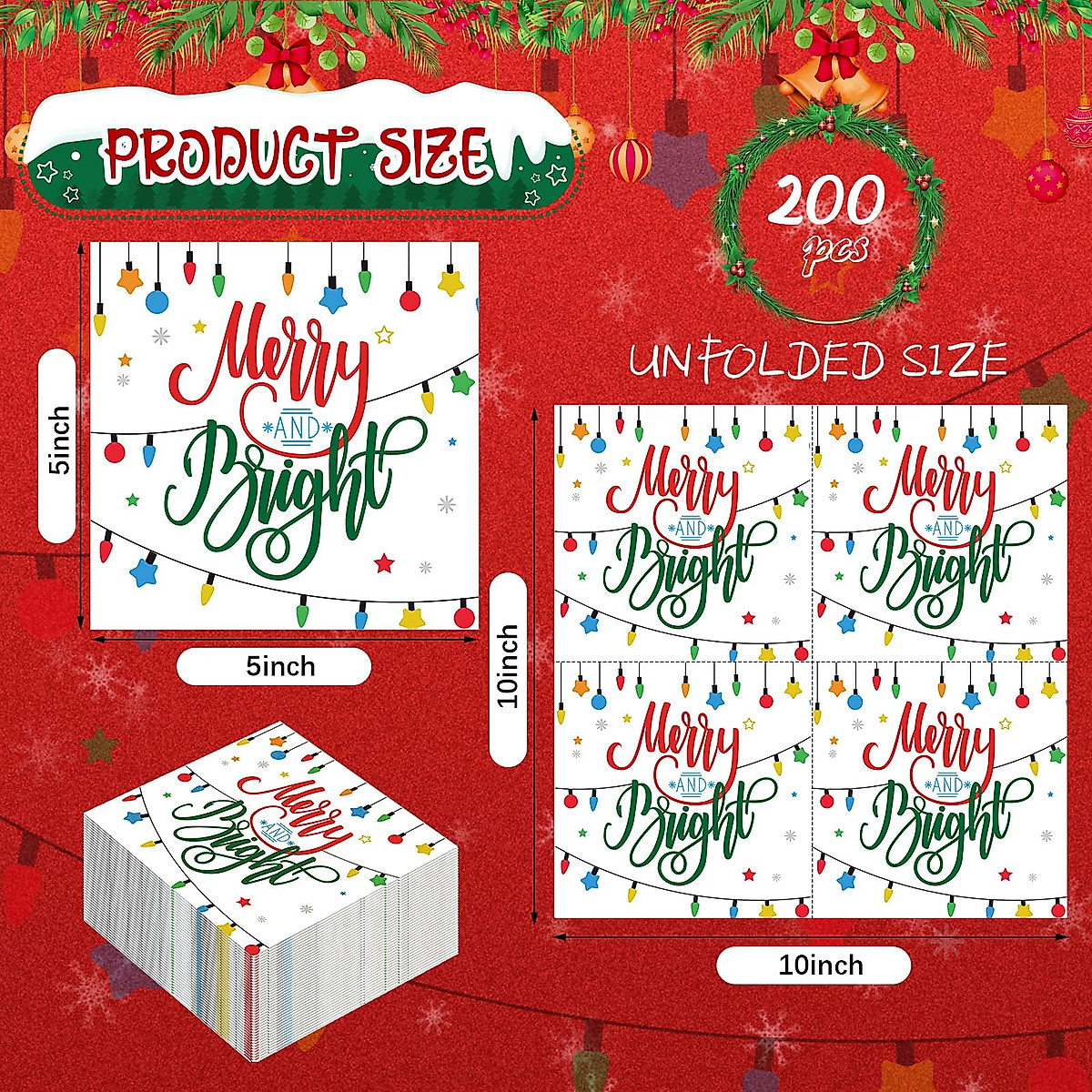 Sherr 200 Packs Christmas Napkins Light Christmas Paper Guest Towels 2 Ply Disposable Bathroom Napkins Decorative Paper Hand Towels for Xmas Winter Holiday Party Supplies (5 x 5 Inch)
