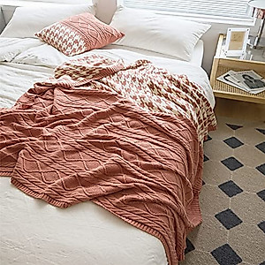GunziStreet Luxurious Pure Cotton Knitting Throw Blanket Houndstooth Thousand-Bird Pattern Splicing Nordic Style Soft Warm Home Decor for Bed Couch Bedroom (Red Ruby, 51x63)
