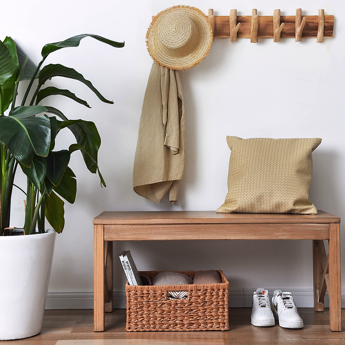 GRANNY SAYS Woven Storage Basket - Large Plastic Wicker Basket for Shelves, Odorless, Waterproof, Organizing Pantry, Caramel Orange, 1-Pack