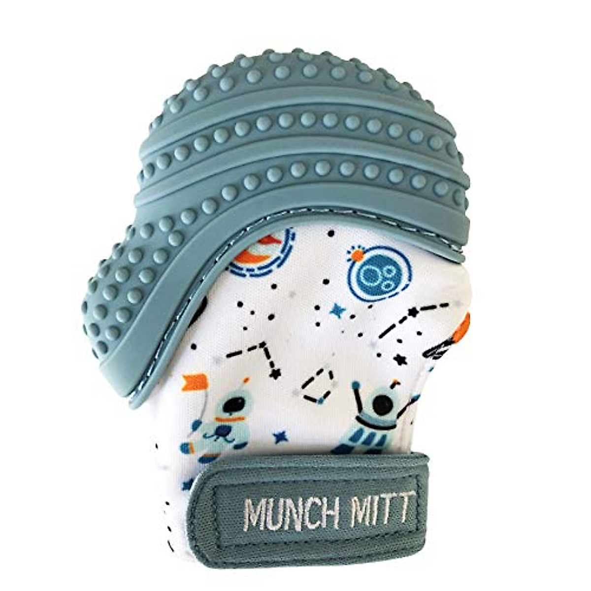 Malarkey Kids Munch Mitt and Chew Cube 2-Pack | Baby Teething Mitten Protects Hands from Chewing & Saliva, Heals Aching Gums, Promotes Sound & Visual Stimulation (Steel Blue and Outer Space)