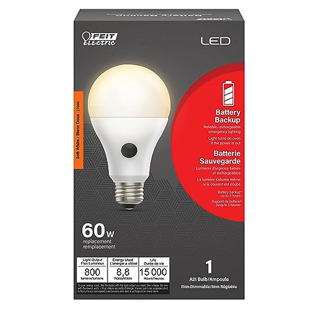 Feit Electric LED Built-in Battery Backup Intellibulb - A21 with an E26 Medium Base Light Bulb - 60W Equivalent - 15 Year Life - 800 Lumen - 2700K Soft White