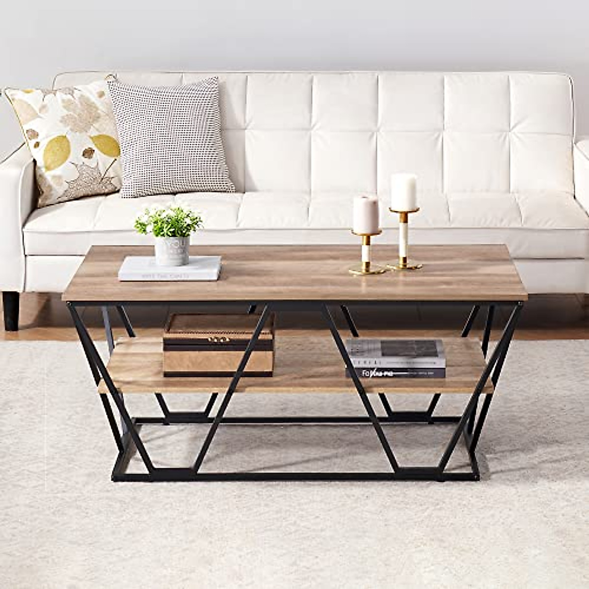 TTHAETUR Industrial Coffee Table for Living Room, 47inch Wooden Center Table with Large Storage Shelf, 2-Tier Mid Century Modern Coffee Table, Rustic Oak