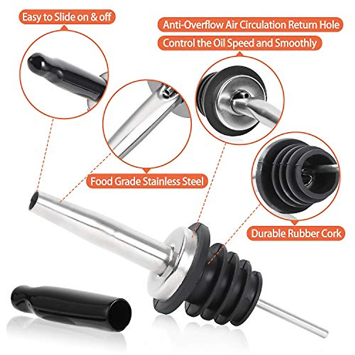 AOZITA 12 Pack Stainless Steel Liquor Bottle Pourers Tapered Spout with Long Dust Caps, Oil Dispenser Bottle Spouts for Pours Liquor, Vinegar, Syrup or Olive Oils (12 Bottle Pourers +12 Dust Covers)