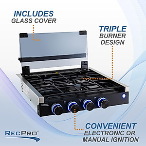 RecPro RV Built In Gas Cooktop | 2 Burner or 3 Burner | RV Cooktop Stove | 6,500 and 8,000 BTU Burners | Cover Included (Black, 3-Burner)