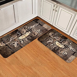 Kitchen Rugs Sets 2 Piece Floor Mats Grunge Lettering Modern Coffee Time and Coffee Cup Retro Wood Durable Doormat Farmhouse Area Rugs Washable Runner Carpet Set Non Slip Vintage Kitchen Rug and Mats