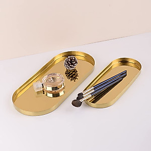 FREELOVE Mirror Gold Metal Decorative Tray, Towel Trays Perfume Makeup Organizer Jewelry Holder Organization for Vanity Dresser Coffee Table Counter Bathroom Kitchen Desk Home Decor, Oval 3.7''X9''
