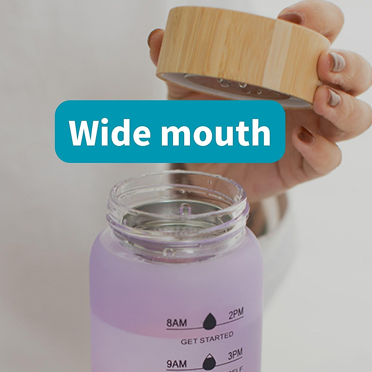 HOLABEAR Glass Motivational Daily Water Intake Bottle with Time Marker 32oz, Reusable, with Leakproof Bamboo Lid and Shoulder Sleeve, for Hot and Cold Drinks, BPA Free(Blue)