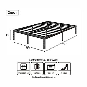 JENLLY Queen Bed Frame 14 Inch Metal Platform Bed Frame with Heavy Duty Steel Slat Support/Noise-Free/No Box Spring Needed/Modern Queen Bed Frame with Storage/Easy Assembly, Black…