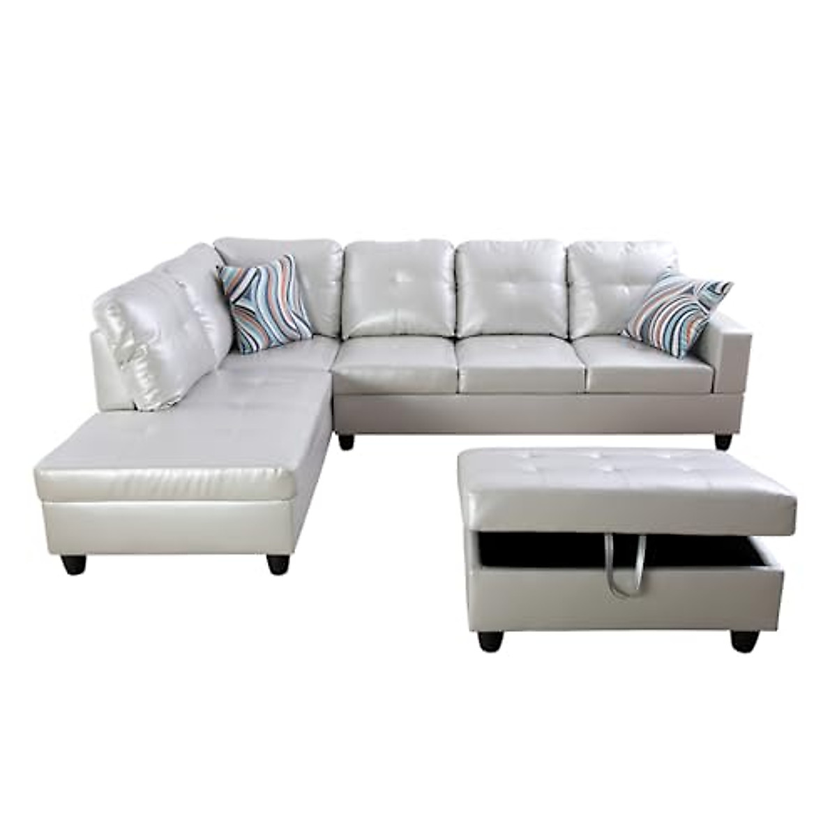 NOTOP 3-Piece Faux Leather L-Shaped Sectional Sofas, Button Tufted Upholstered Couch Set with Left Chaise Longue and Storage Ottoman, for Living Room, Home, Office, Powder