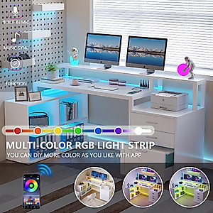 Vagaconl L-Shaped Desk, 65 Inch Computer Desk Corner Desk with Power Outlet with 3 Drawers and 4 Storage Shelves, Home Office Desk with Monitor Stand, LED Light Strip and File Cabinet, Printer Stand
