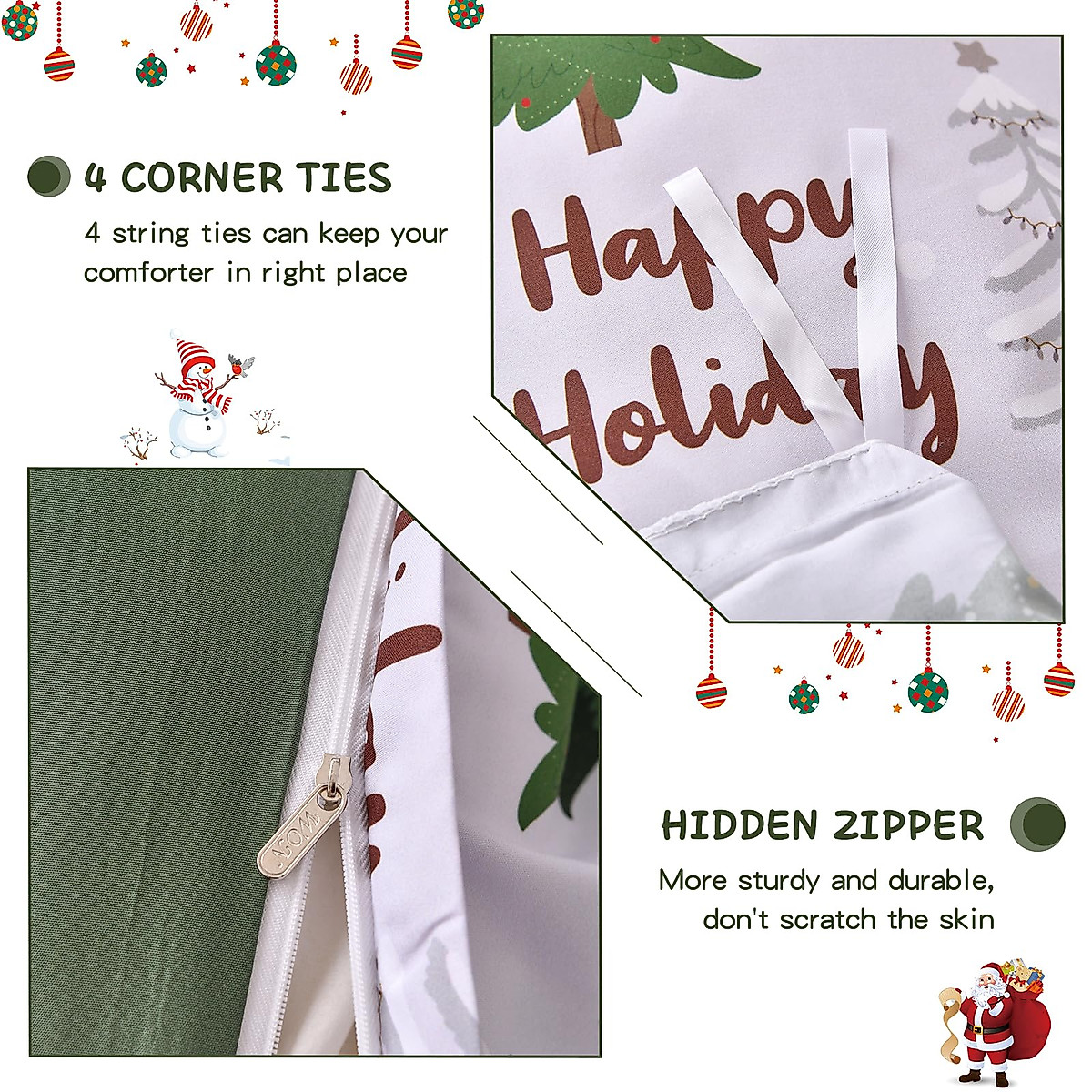 Luxudecor Christmas Duvet Cover Set Queen Size 3 Pieces, Green Christmas Tree Pattern, Soft Microfiber Duvet Cover, Reversible Bedding Set Xmas Holiday Decor(Not Comforter)