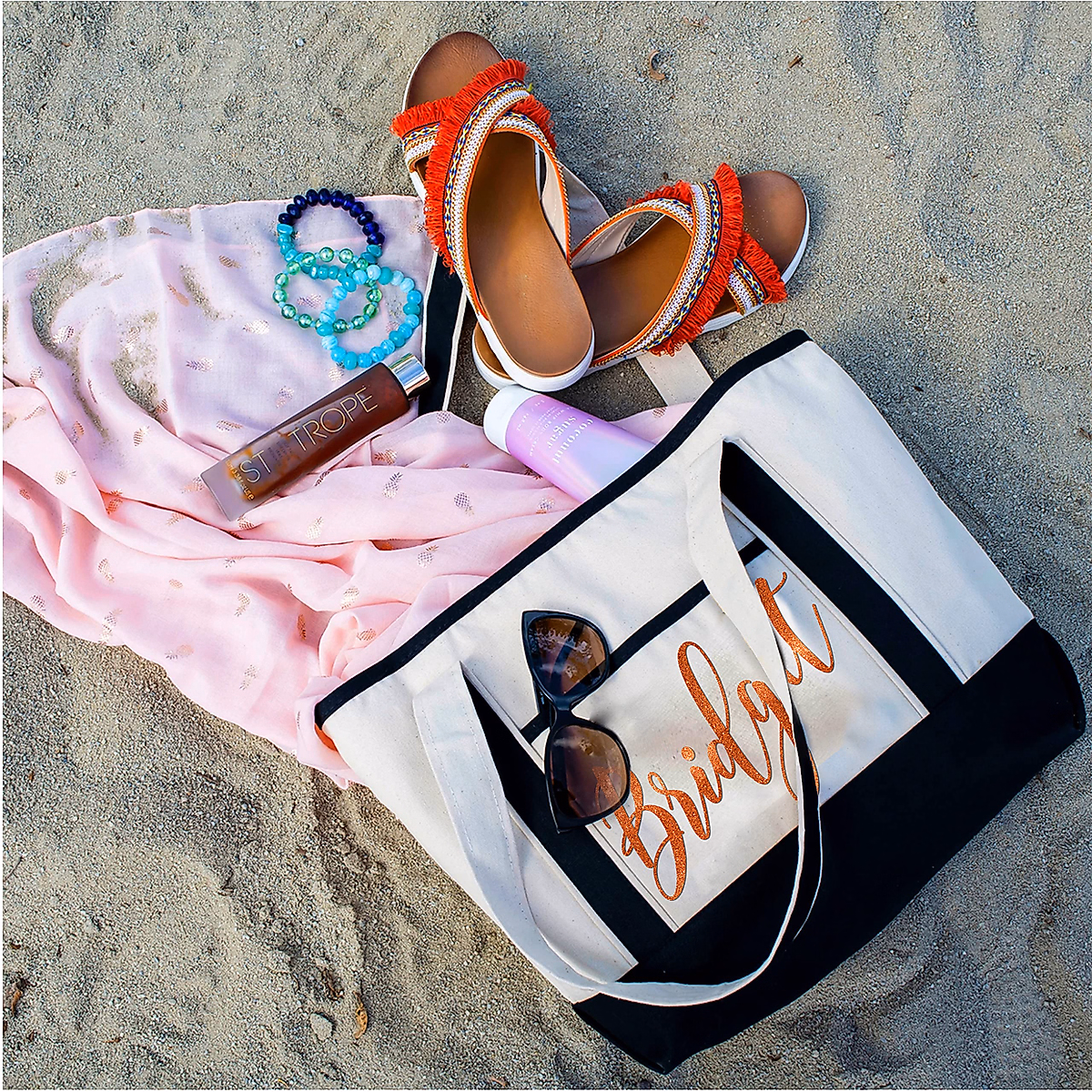 Personalized Canvas Bags w/Name 2 Bag Colors 17 Vinyl Colors Custom Shoulder Tote Bag Gifts Woman Customized Zippered Shopping Bag Girls Reusable Grocery Bags Woman Birthday Gift C1 Black and Beige