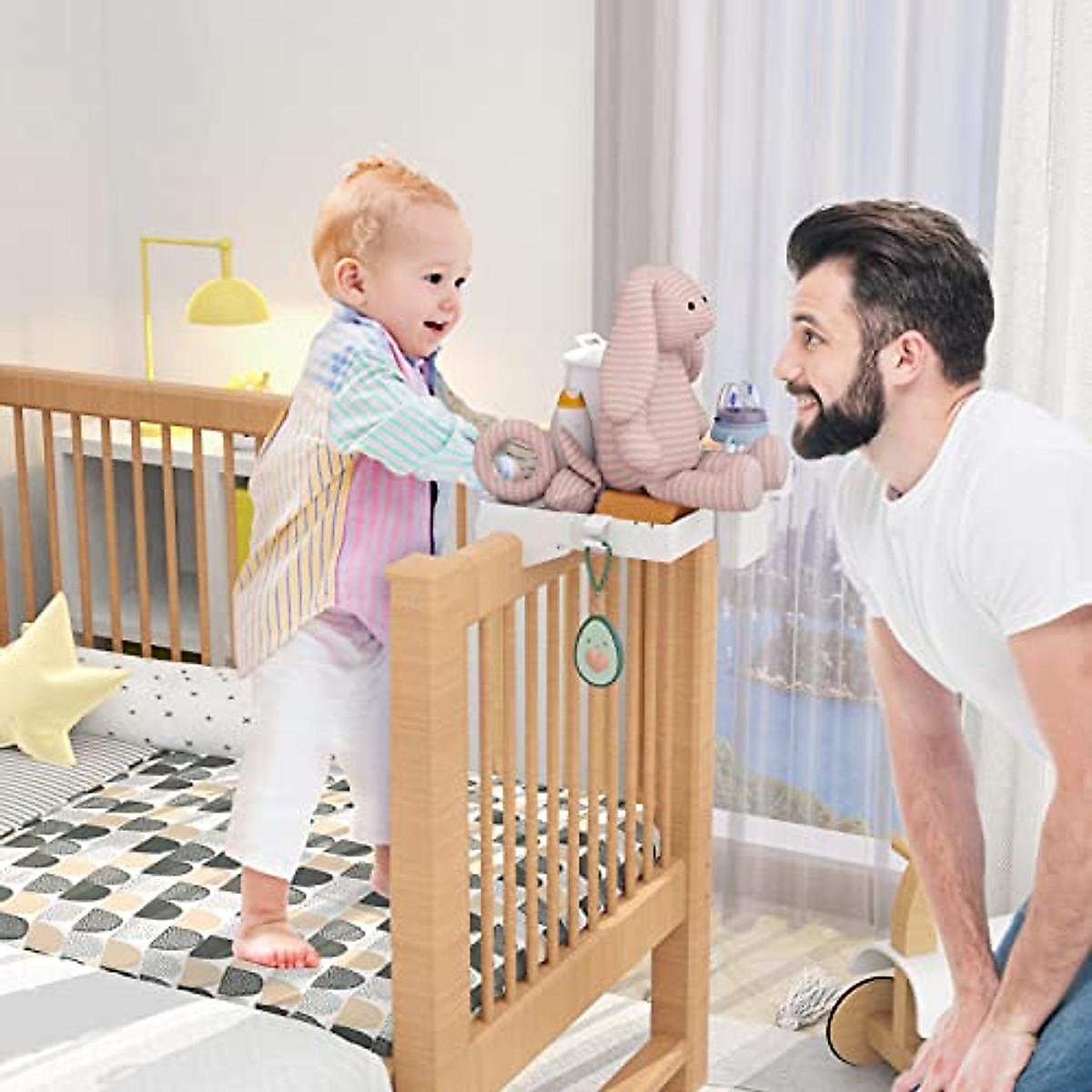 Ronlap Folding Bedside Shelf, Bunk Bed Shelf Organizer for Top Bunk Clip On Nightstand for Loft Bed Plastic Bedside Shelf Tray for Kids with Cupholder Hooks Hanging Cup, Plus Size, White