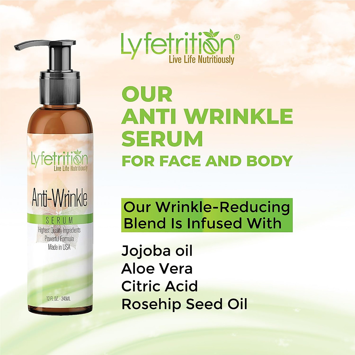 Lyfetrition Anti-Wrinkle Serum | 12 Oz Large Bottle | Anti-Aging Face Serum With Jojoba Oil, Rosehip Seed Oil & Many More Natural Ingredients - Moisturizing Cleanser for Fair & Younger Looking Skin