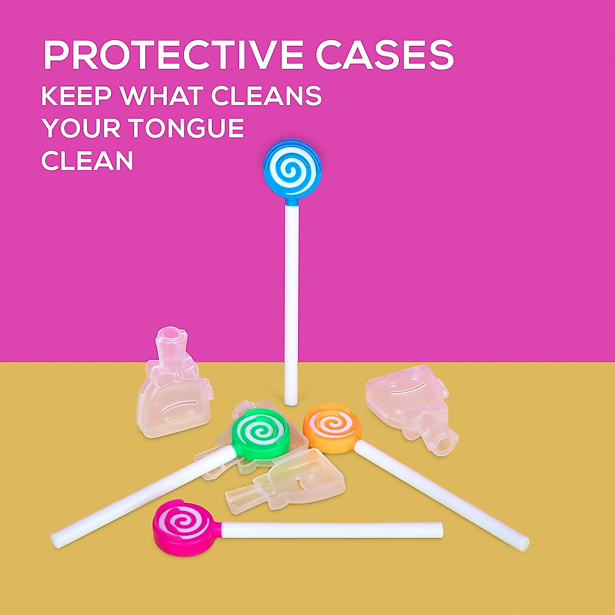 Kids Tongue Scraper or Cleaner Set – BPA-Free Plastic Dental Scrapers Helps Freshen Bad Breath, Remove Gunk – Multicolored with Easy-to-Grasp Handles and Brush Covers by 55Dental, Ages 2+ (Pink)