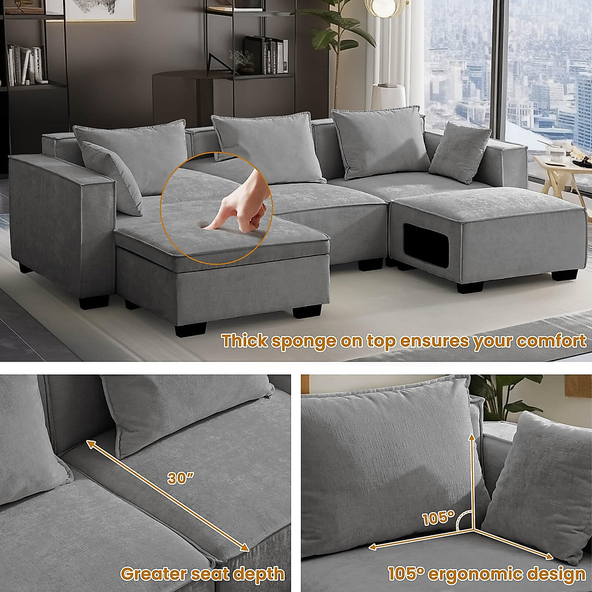108.7 Inch Convertible U Shape Sectional Sofa, Modern Chenille Fabric, L Shaped 5 Seater Living Room with Chaise, High Support and Soft Foam with Storage and Cat Hole Footstool