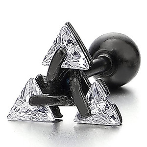 Black Stainless Steel Triangle Cubic Zirconia Stud Earrings for Men Women, Screw Back Post, 2pcs
