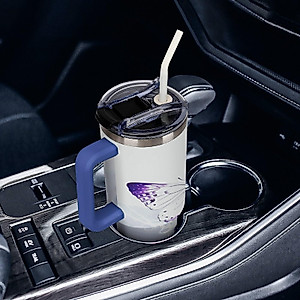 40 Oz Vacuum Tumbler with Deep Blue Handle Leakproof Insulated Tumbler White Purple Butterflies Stainless Steel Travel Mug with Lid And Straw Coffee Cup Cute Water Bottles Cup Holder Friendly