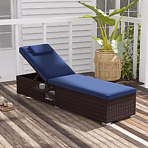 Tangkula Patio Chaise Lounge Set of 2, Outdoor Rattan Lounge Chair with 6-Level Backrest, Comfy Seat Cushion & Headrest, Sturdy Metal Frame, Outside Reclining Chair for Backyard (2, Navy)
