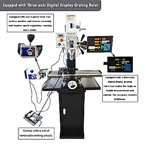 INTSUPERMAI Vertical Milling Drilling Machine7"X27" Mini Mill Drill Machine R8 Spindle Taper Set with Axis X Power Feed and Three - axis Grating Ruler 20-2250rpm Variable Speed 110V
