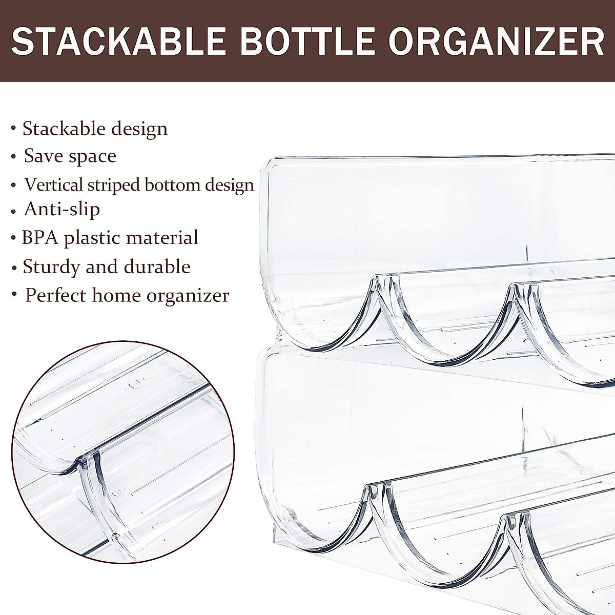 HOMECOR Water Bottle Organizer, Stackable Kitchen Home Pantry Organization and Storage Shelf, Plastic Holder Rack for Cabinet Fridge Flask Tumbler Travel Mug Cup 12-bottle
