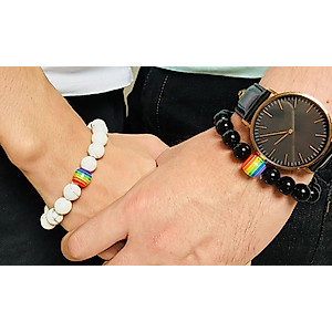 Black Agate and White Howlite Rainbow Gay Pride Relationship Beaded Bracelets Equality Jewelry,Couples Gay Wedding Gift