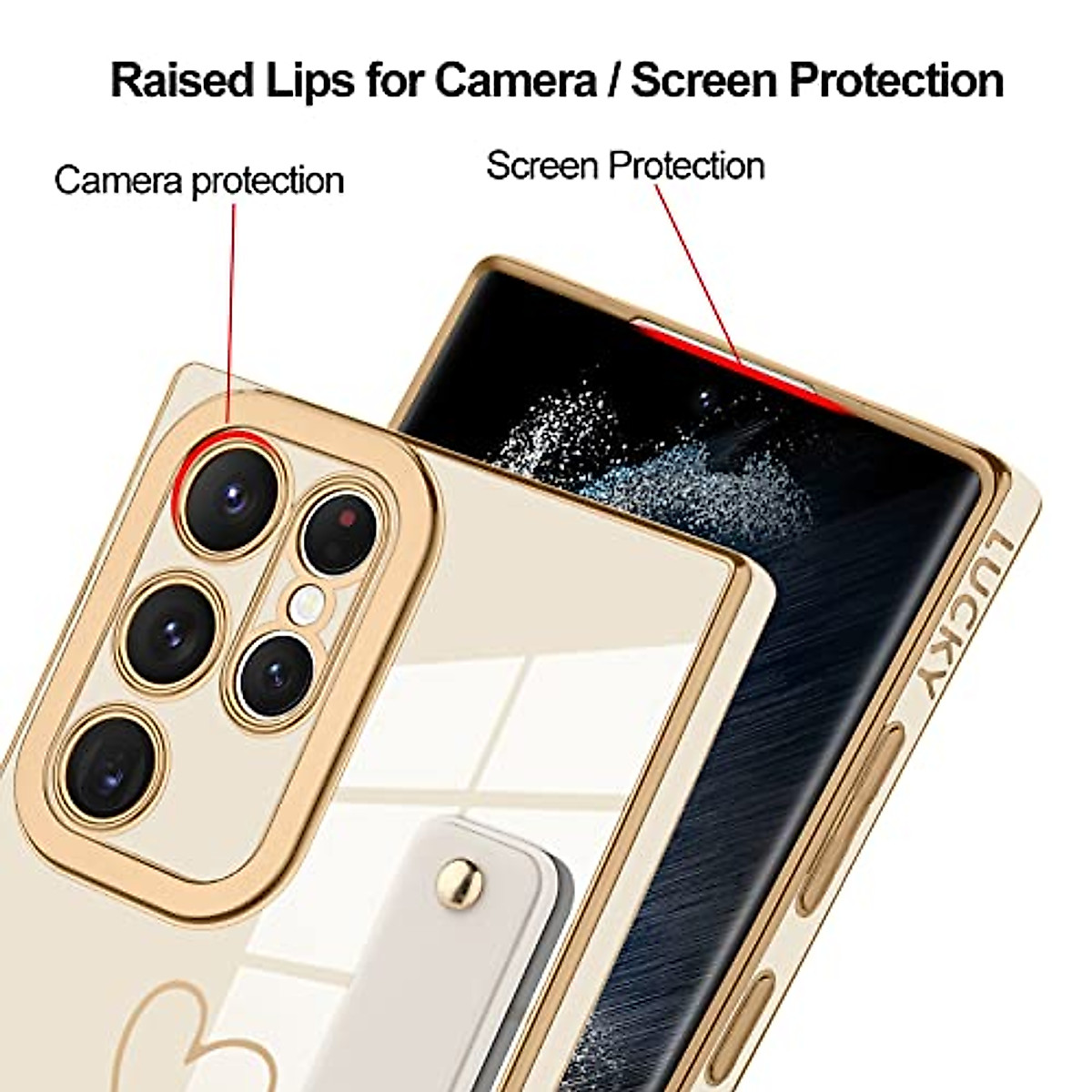 ZIYE Galaxy S22 Ultra 5G Luxury Electroplated Case with Strap Love Heart Plating Gold Bumper Cover for Women Girls Anti-Scratch Shockproof Back Phone Case for Samsung Galaxy S22 Ultra 5G 6.8 Inch