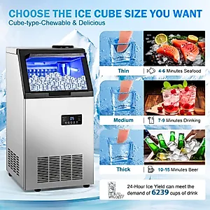 Commercial Ice Maker Machine 130Lbs/24H, Undercounter/Freestanding Ice Machine, 45 Ice Cubes in 4-15 Minutes, 35 lbs Ice Storage, 2 Water Supply Modes - Perfect for Home, Bar, and Outdoor