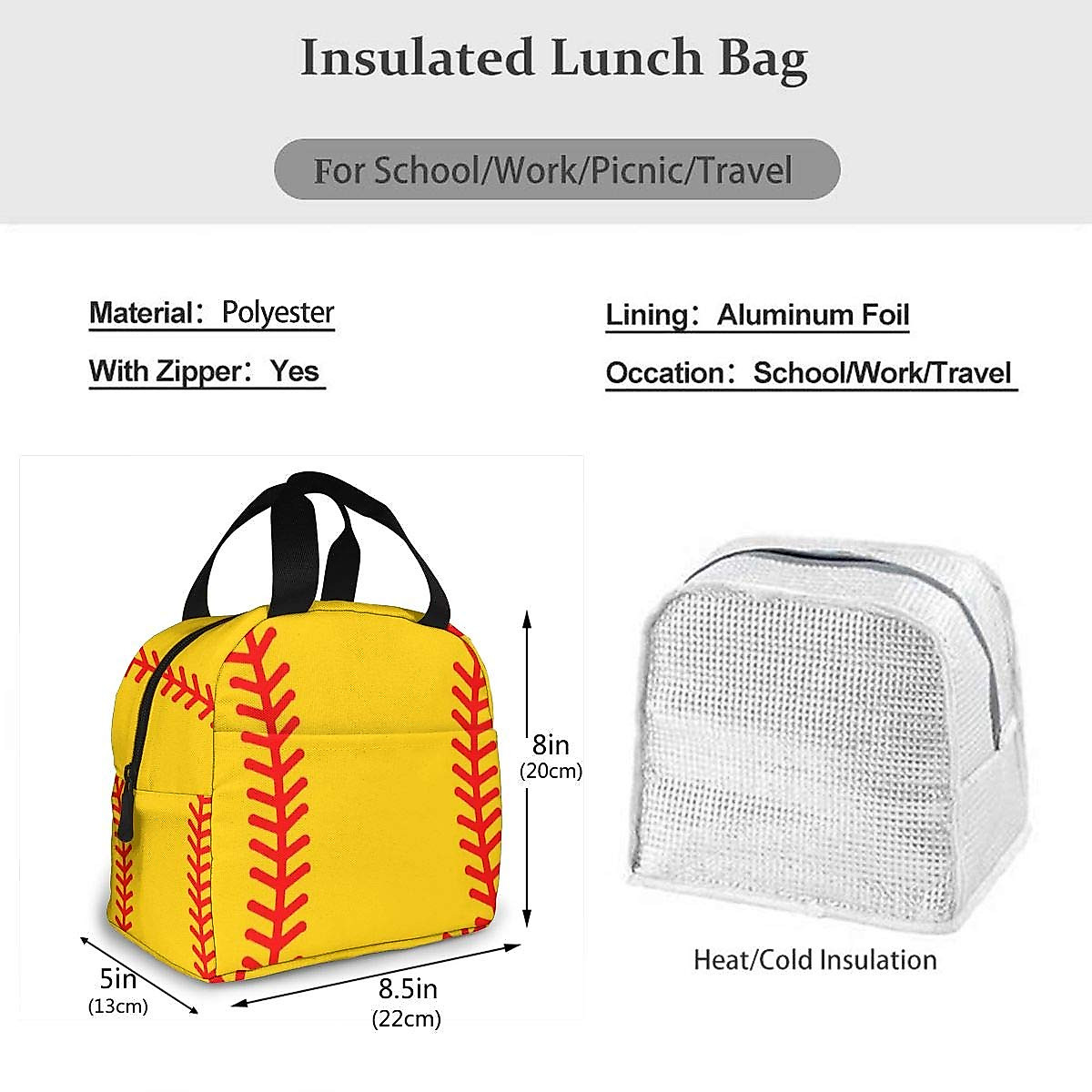 Lunch Bag Baseball Stitches Softball Tote Bag Insulated Lunch Box Water-Resistant Cooler Bag For Men/Women/Picnic/Boating/Beach/Fishing