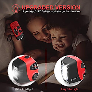 Emergency Hand Crank Radio with 3 LED Flashlight, Esky AM/FM/NOAA Portable Weather Radio with 2000mAh Power Bank Phone Charger, Solar Powered USB Charged Radio for Indoor Outdoor Camping, SOS Alarm