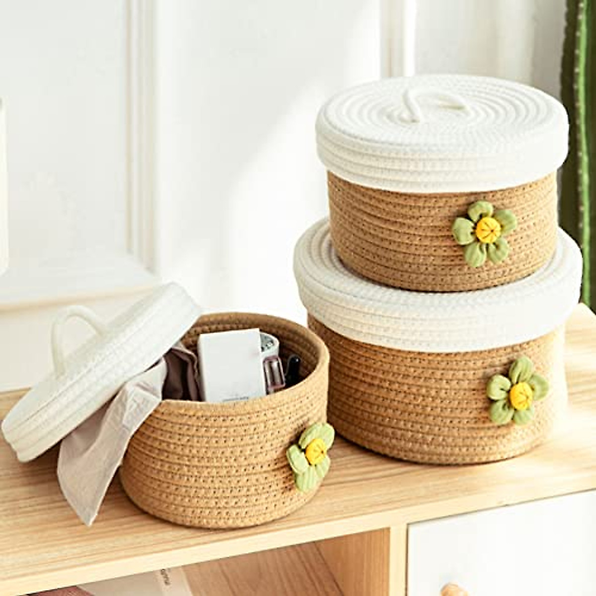 Zerodeko Cotton Rope Basket with Lid Small Woven Storage Baskets Decorative Hamper Nursery Covered Storage Bin Desktop Organizer Small Woven Basket