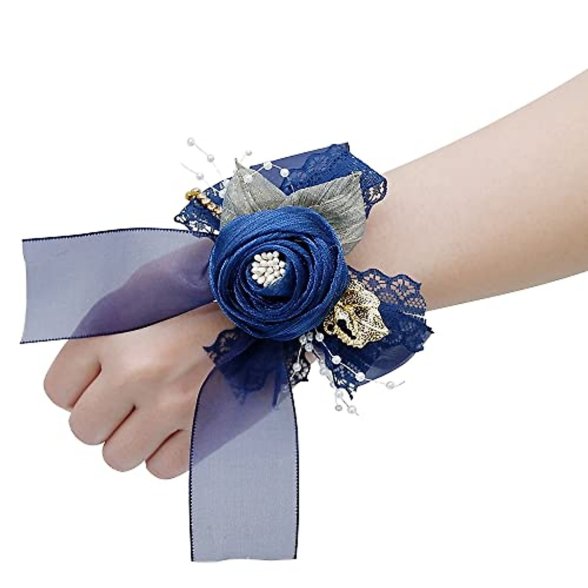Daovace 2pcs Wrist Corsage Organza Satin Rose Hand Flower with Zircon Peal for Girl Bridesmaid Wedding Party Prom Flower(Navy Blue)