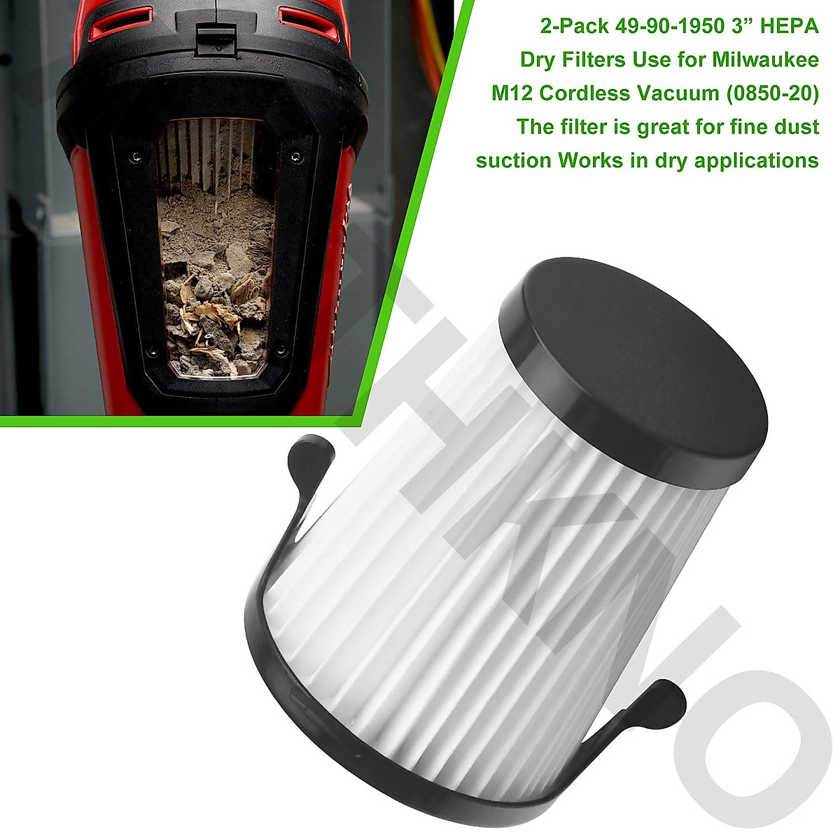 2-Pack 49-90-1950 HEPA Dry Filters Replacement for Milwaukee M12 0850-20 Compact Vacuum