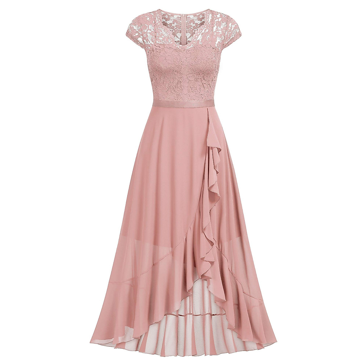 Miusol Women's V Neck Elegant Lace Ruffle Bridesmaid Maxi Dress (Large, Pink)