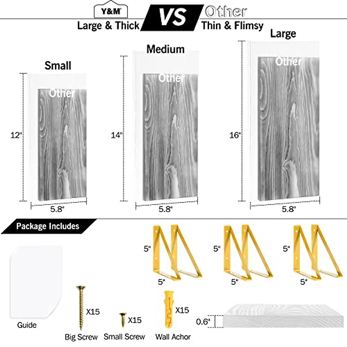 Y&M Floating Wall Shelves, Set of 3 Rustic Pine Wood Wall Mounted Shelf with Gold Metal Brackets, Decorative Storage for Bedroom, Bathroom, Modern Kitchen Living Room Storage & Decoration - White