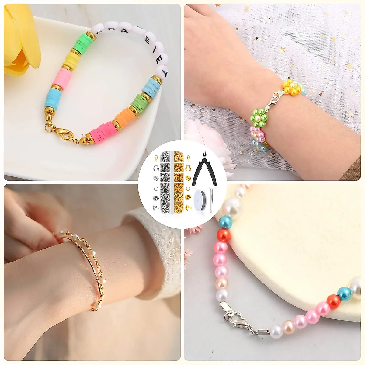 Acejoz 1200 Pcs Crimp Beads Kit for Jewelry Making, Crimp Beads, Crimp Covers, Crimp Tubes and Wire Guardians, Lobster Clasps, Jump Rings, Crimping Pliers and Beading Wire for Jewelry Making