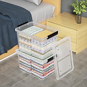 Zopnny 30 Quart Plastic Stacker Box, Large Storage Bin Container with Latching Lids and Wheels for Home and Garage Organizing, Shoes, Tools, Clear Base, 4-Pack