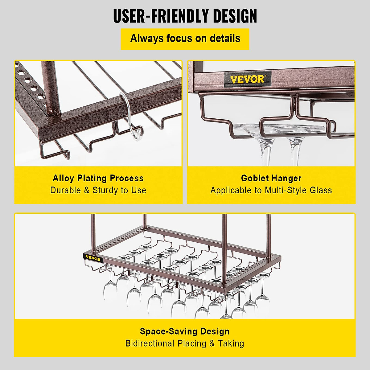 VEVOR Ceiling Wine Glass Rack, 23.6 x 13.8 inch Hanging Wine Glass Rack, 18.9-35.8 inch Height Adjustable Hanging Wine Rack Cabinet, Coppery Wall-Mounted Wine Glass Rack Perfect for Bar Cafe Kitchen
