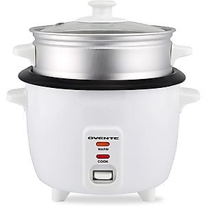 OVENTE Electric Rice Cooker with Food Steamer Basket, Automatic Keep Warm Function, Makes up to 10 cups Cooked (5 cups Uncooked) White, RCS01W