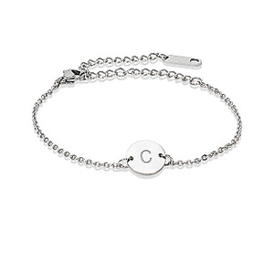 Stainless Steel Initial Bracelet - Delicate Coin Letter C - Dainty Small Disc Name - Personalized Monogram Charm Bracelet for Women