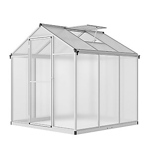 6x6 FT Greenhouse for Outdoors, Polycarbonate Greenhouse with Quick Setup Structure and Roof Vent, Aluminum Large Walk-in Greenhouse for Outside Garden Backyard, Silver